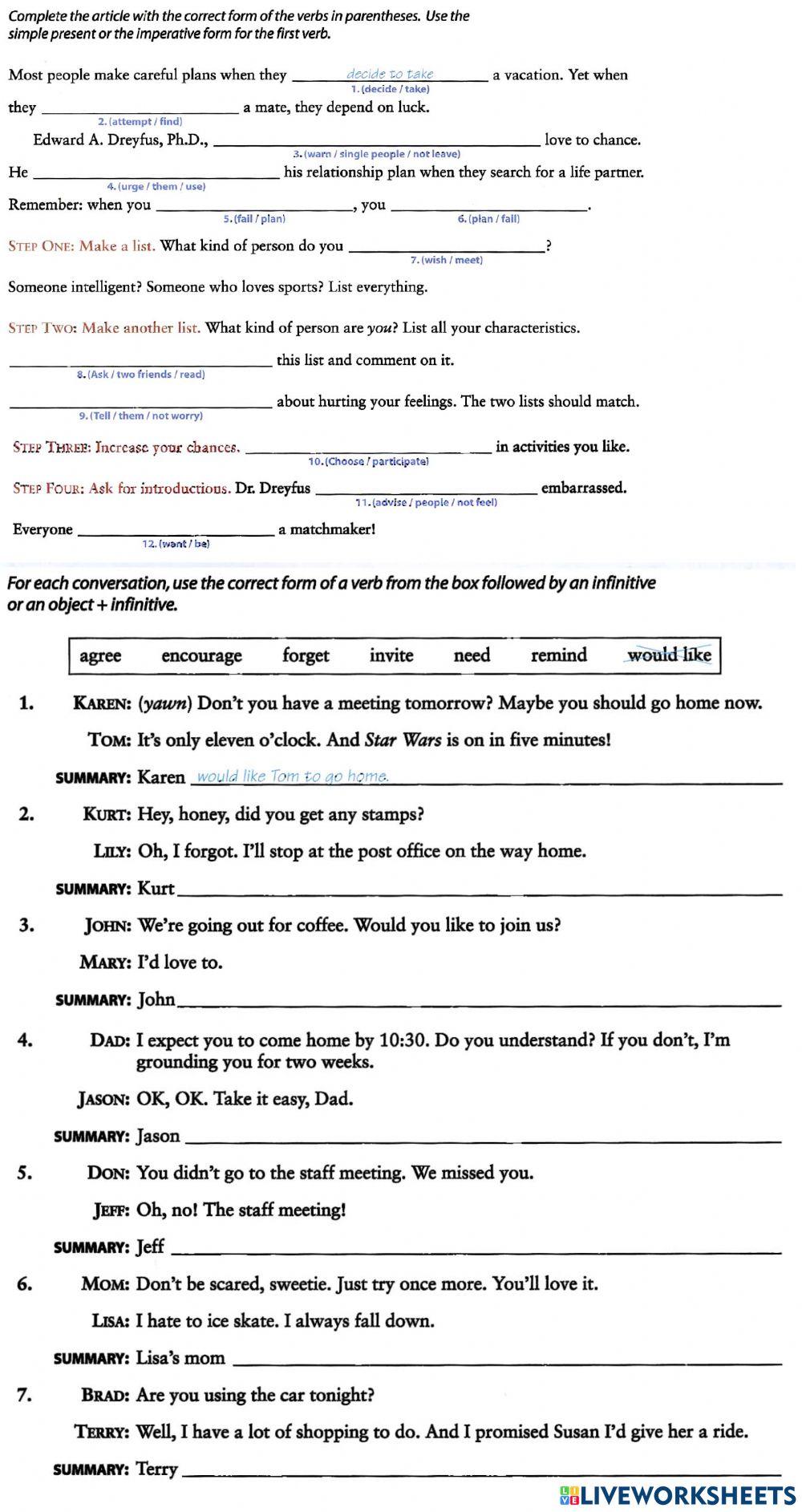 INFINITIVES PRACTICE A online exercise for | Live Worksheets