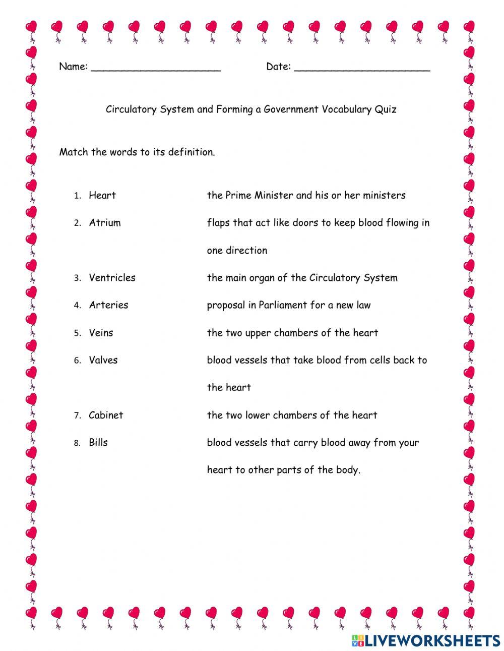 Circulatory System and Forming a Government Vocabulary Quiz worksheet ...