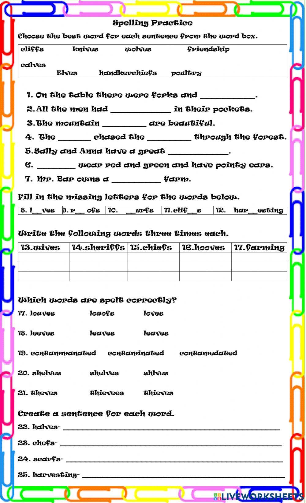 Words with f and fe worksheet | Live Worksheets