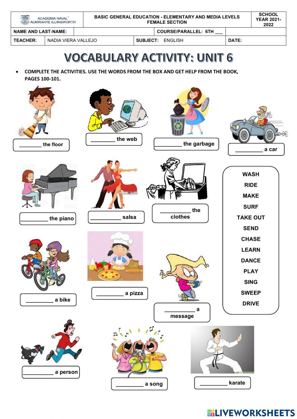 UNIT 6 VOCABULARY online exercise for | Live Worksheets