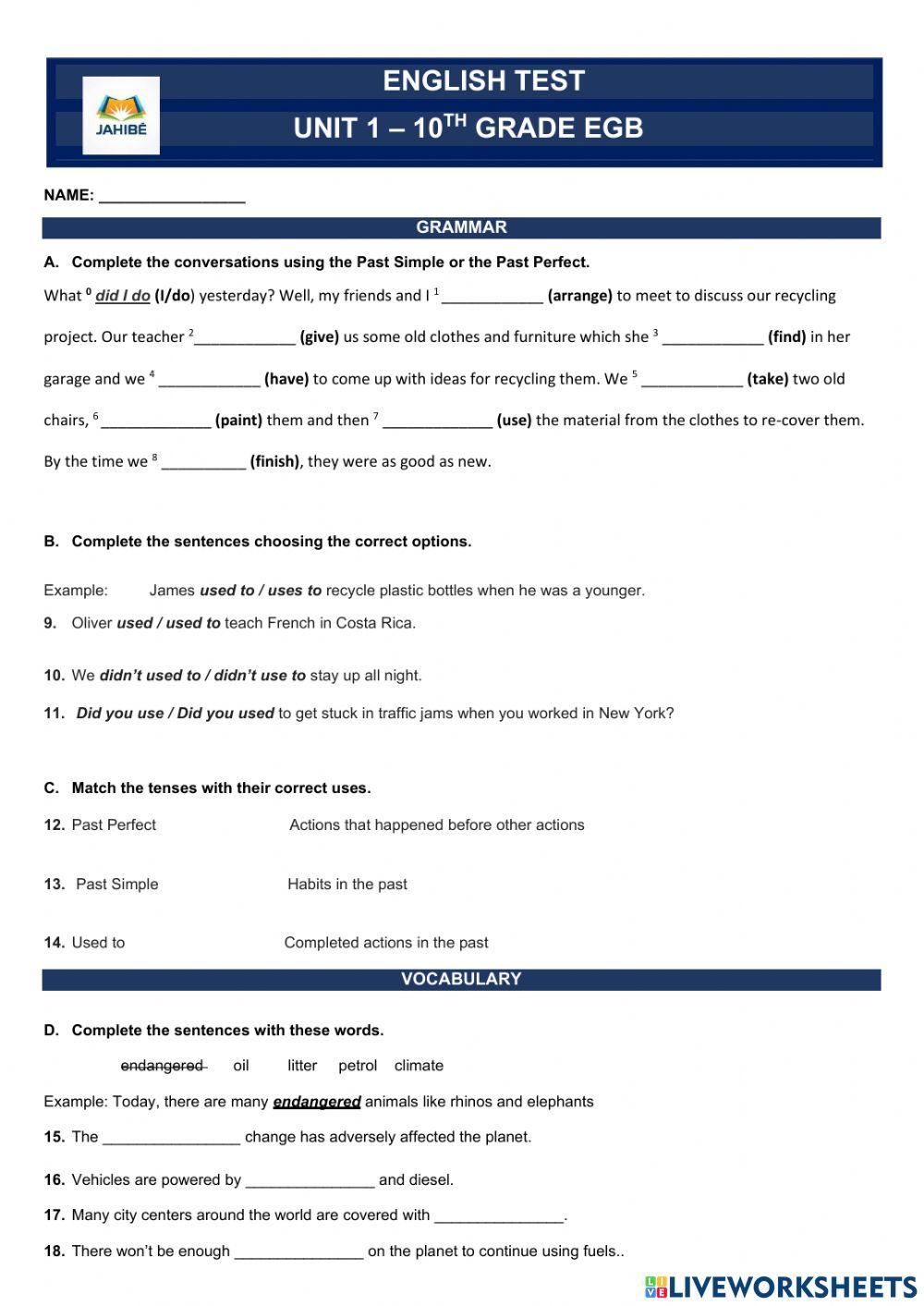 10th grade - unit 1 test worksheet | Live Worksheets