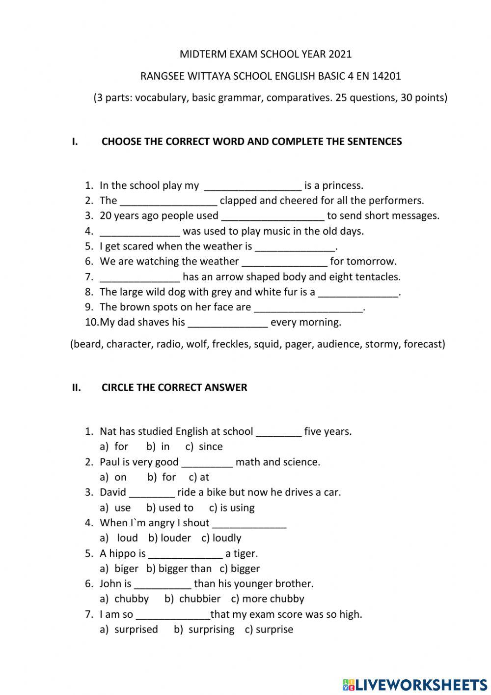 Midterm exam gr… | Free Interactive Worksheets | 1620887