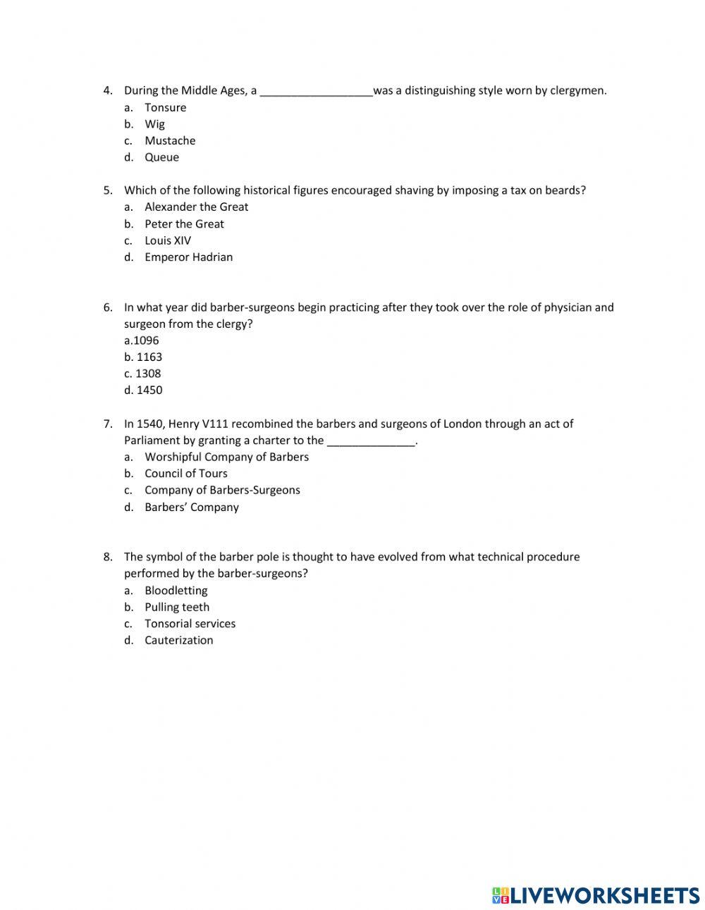 Intro to Barbering Multiple Choice online exercise for | Live Worksheets