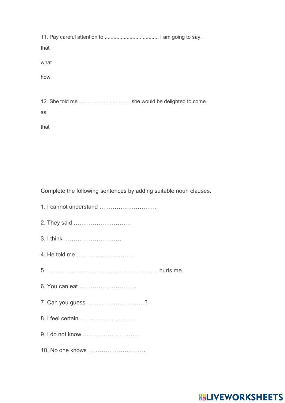 Exercises Noun Clauses 3 worksheet | Live Worksheets