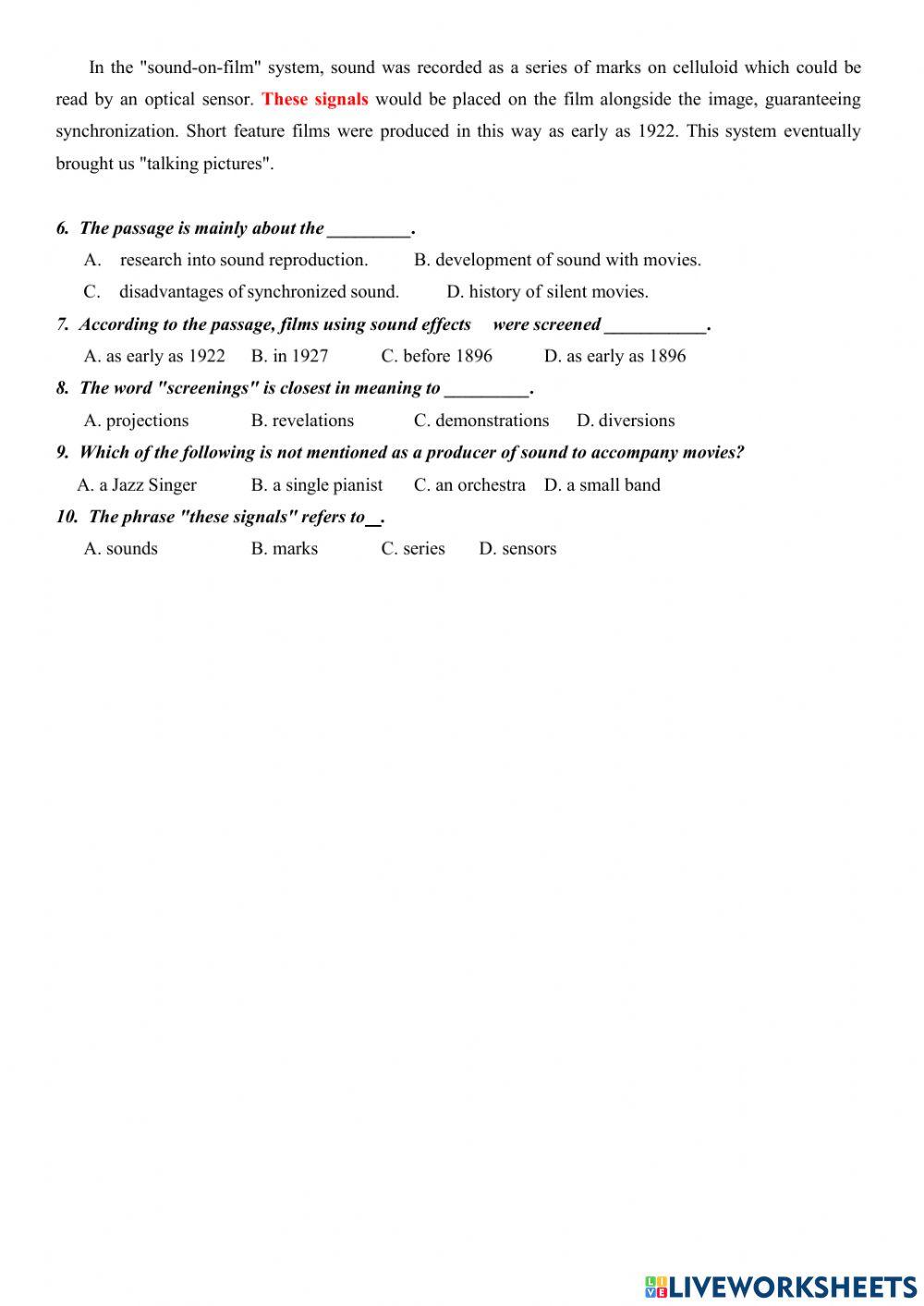 Reading online exercise for 12 | Live Worksheets