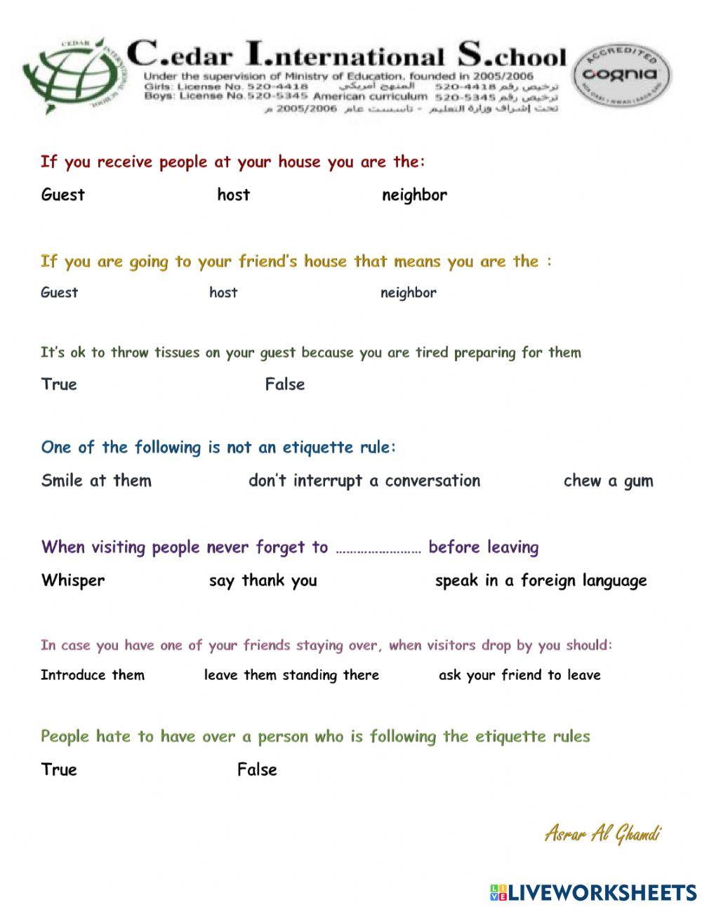 Guest Etiquette worksheet | Live Worksheets