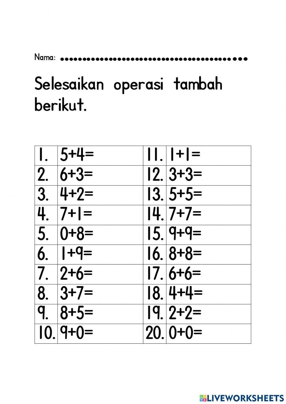 Operasi tambah lingkungan 20 interactive worksheet | Live Worksheets