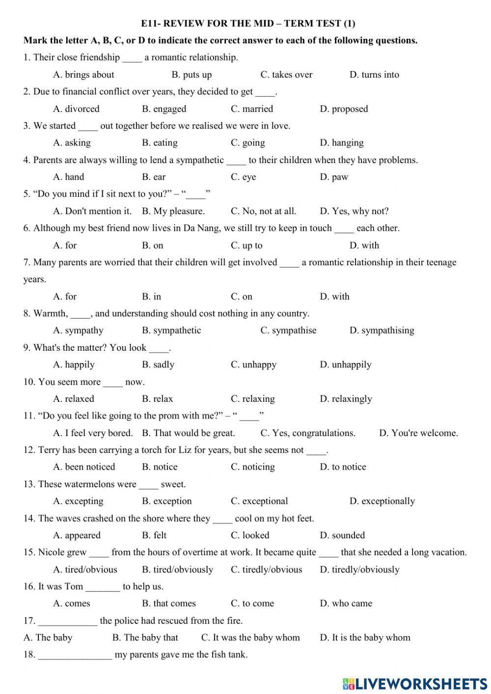 Review online exercise for Grade 11 | Live Worksheets