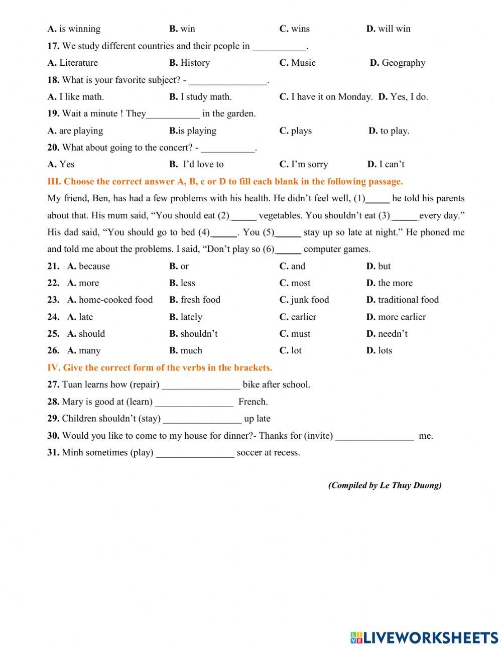 Grade 7 - Review Mid 1st Term Test (2) worksheet | Live Worksheets