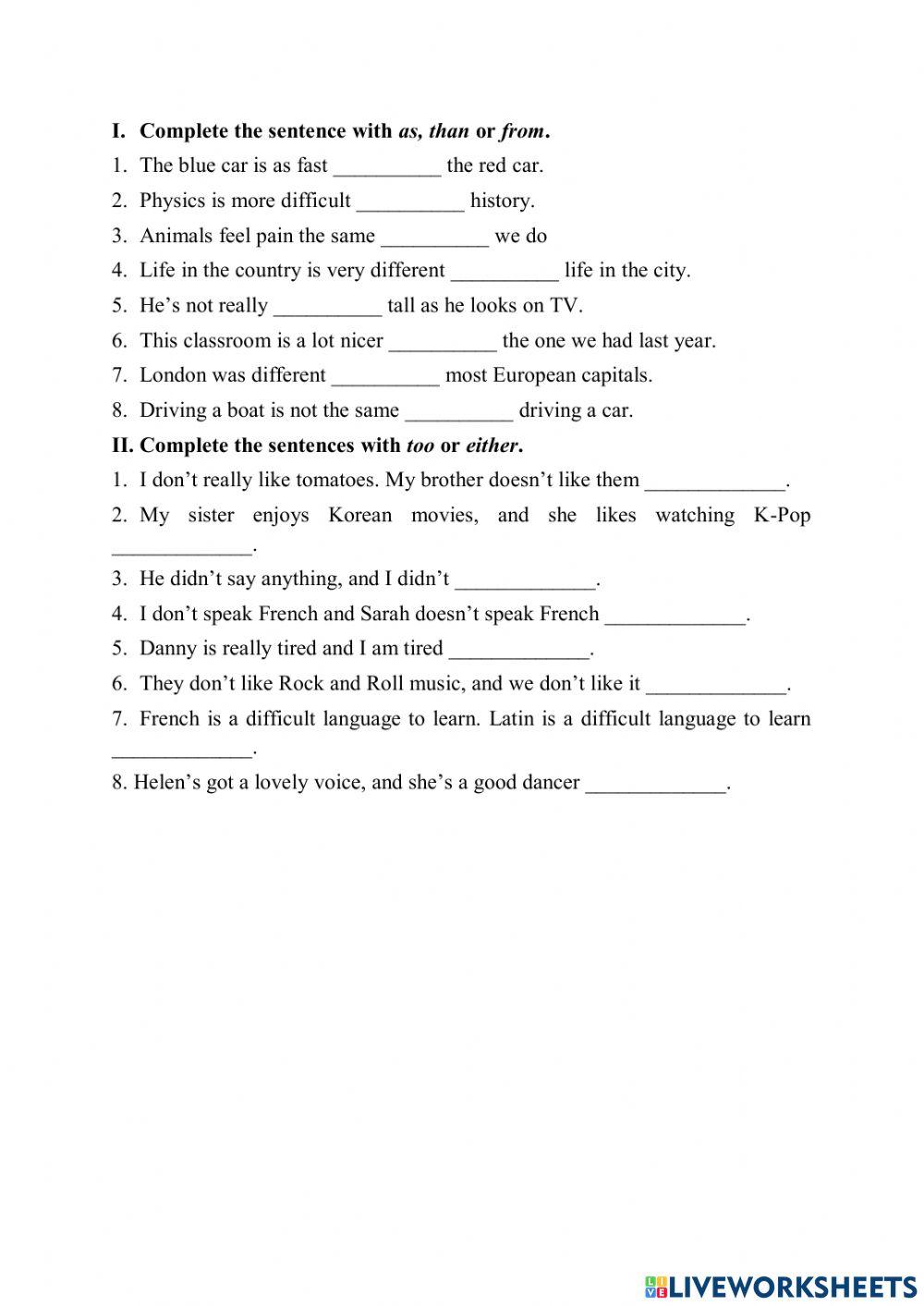 the same as different from too either online exercise for | Live Worksheets