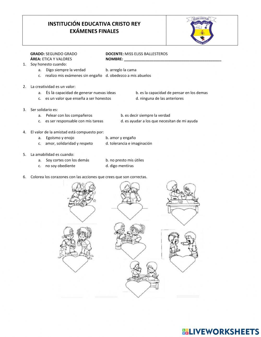 Examen De Etica Y Valores Online Exercise For Live Worksheets