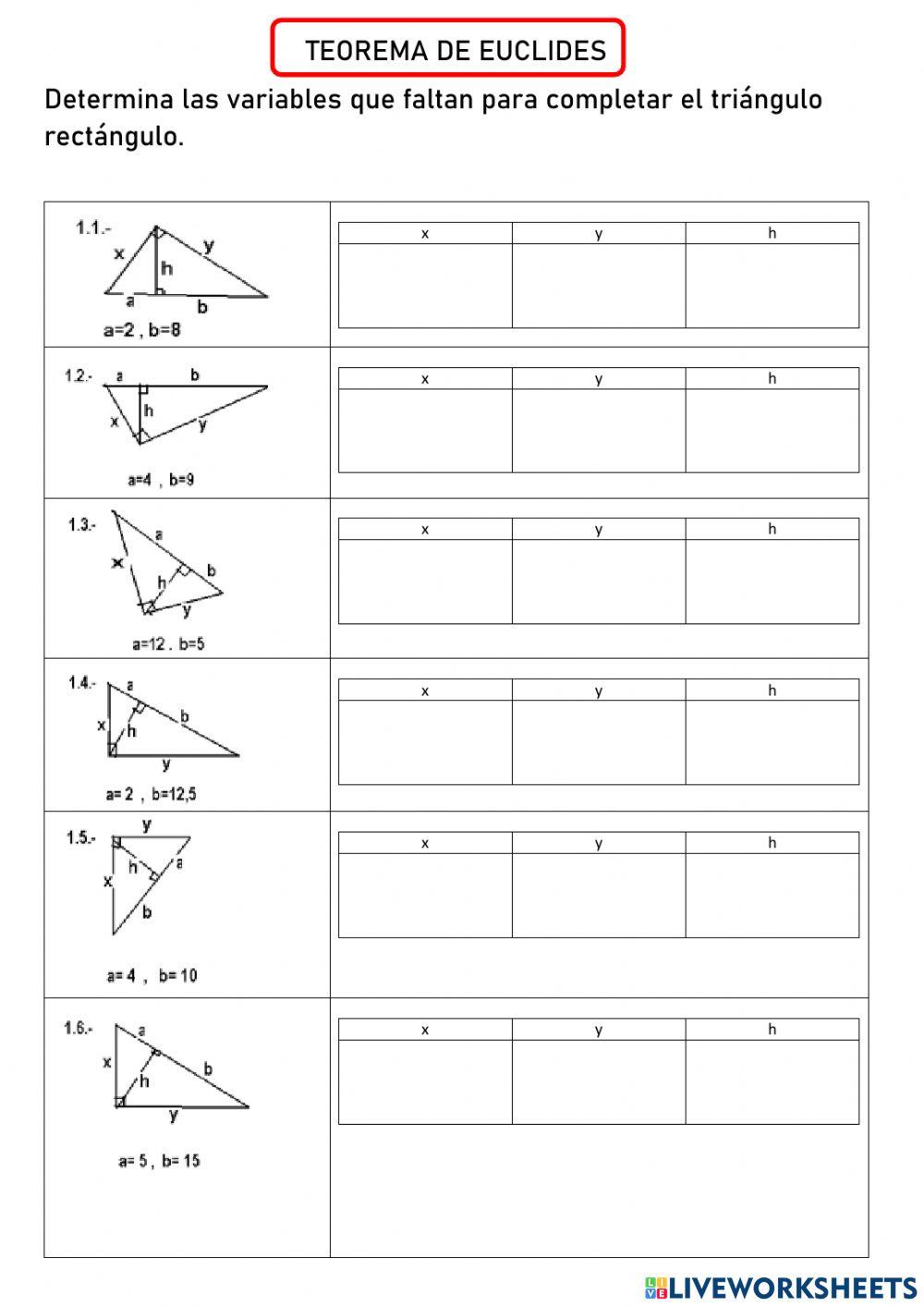 Teorema de euclides worksheet | Live Worksheets