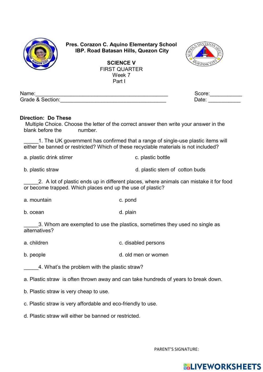 Science first quarter week 7 part i worksheet | Live Worksheets
