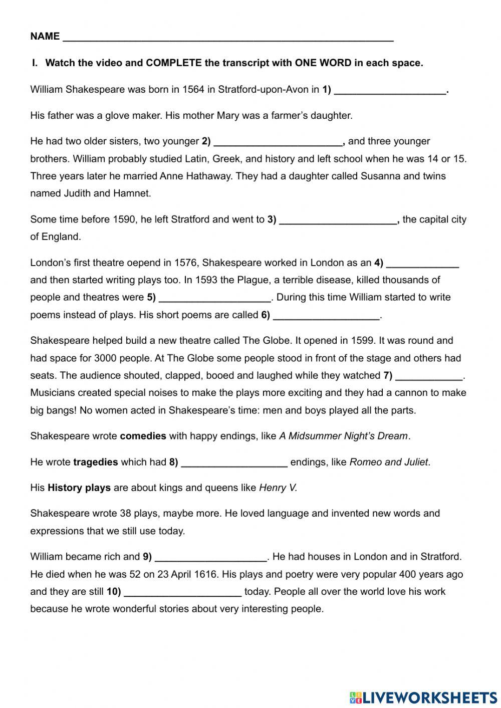 WILLIAM SHAKESPEARE online exercise for | Live Worksheets