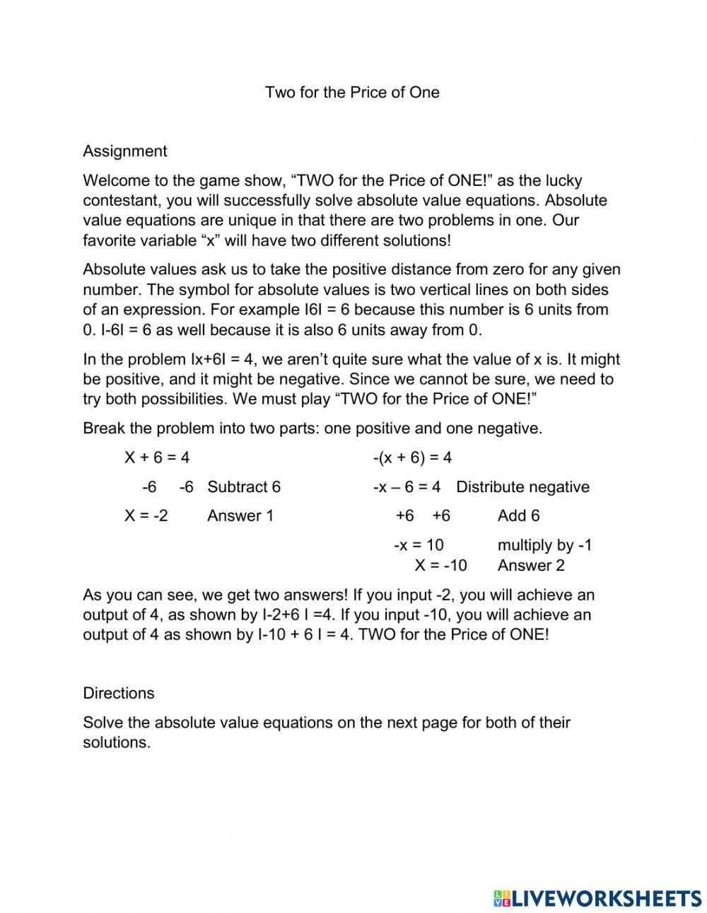 TWO for the Price of ONE worksheet | Live Worksheets