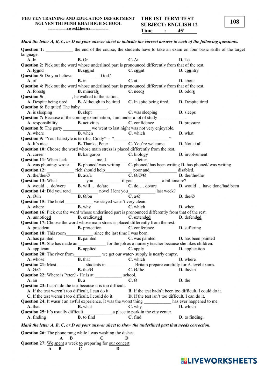THE 1ST TERM TEST GRADE 12 online exercise for | Live Worksheets