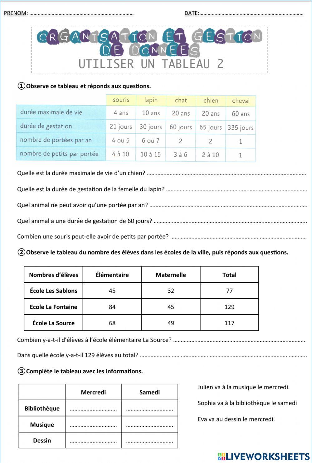 Conj et tableaux 1698649 | sirdaik | Live Worksheets