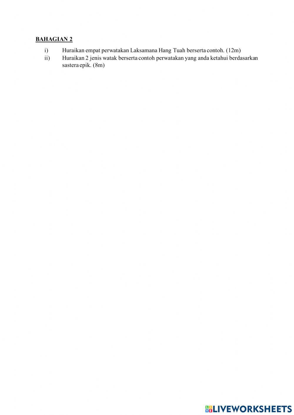 LATIHAN PENGUKUHAN SASTERA EPIK (WATAK DAN PERWATAKAN) online exercise ...