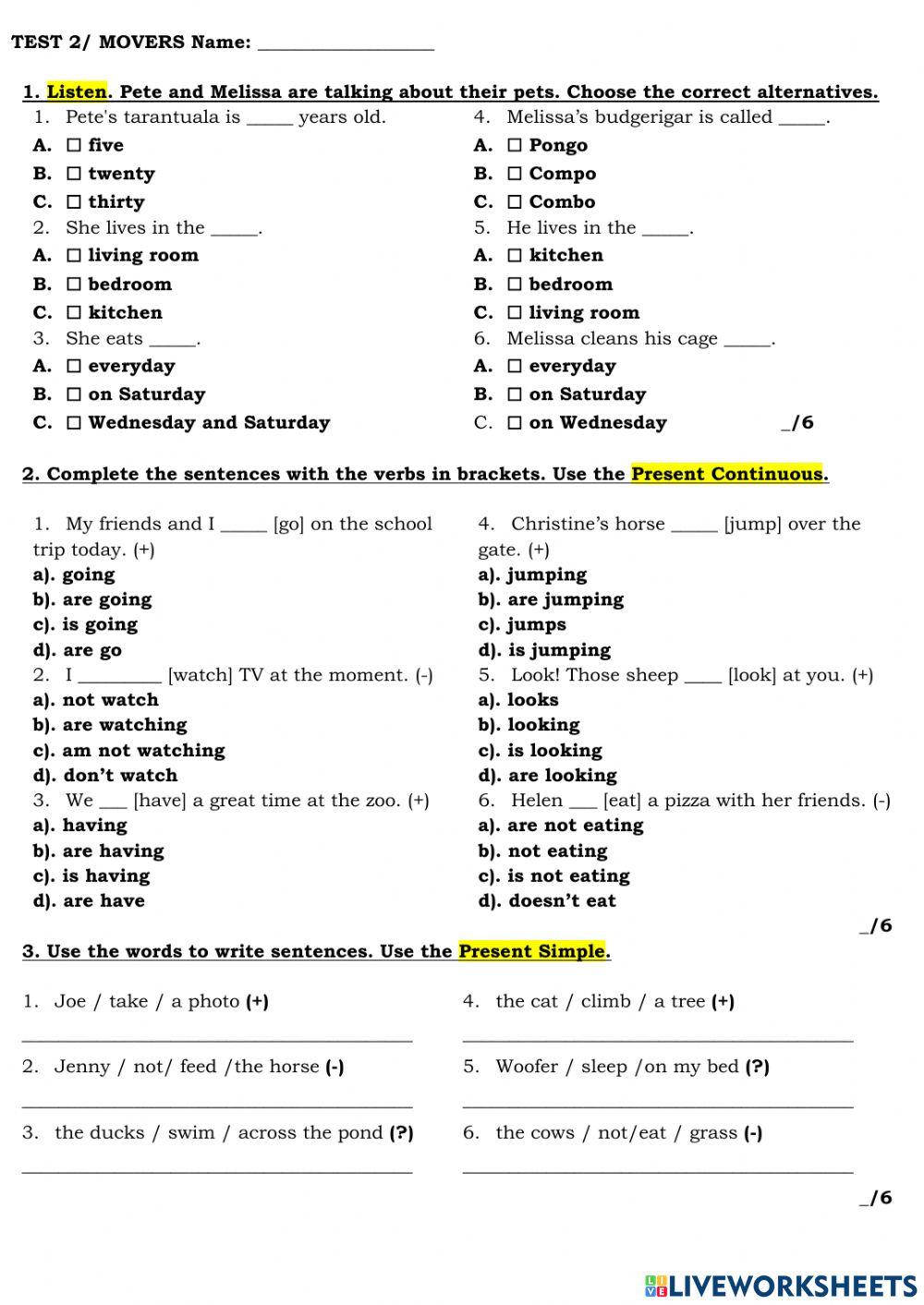 Test 2 Mov new worksheet | Live Worksheets