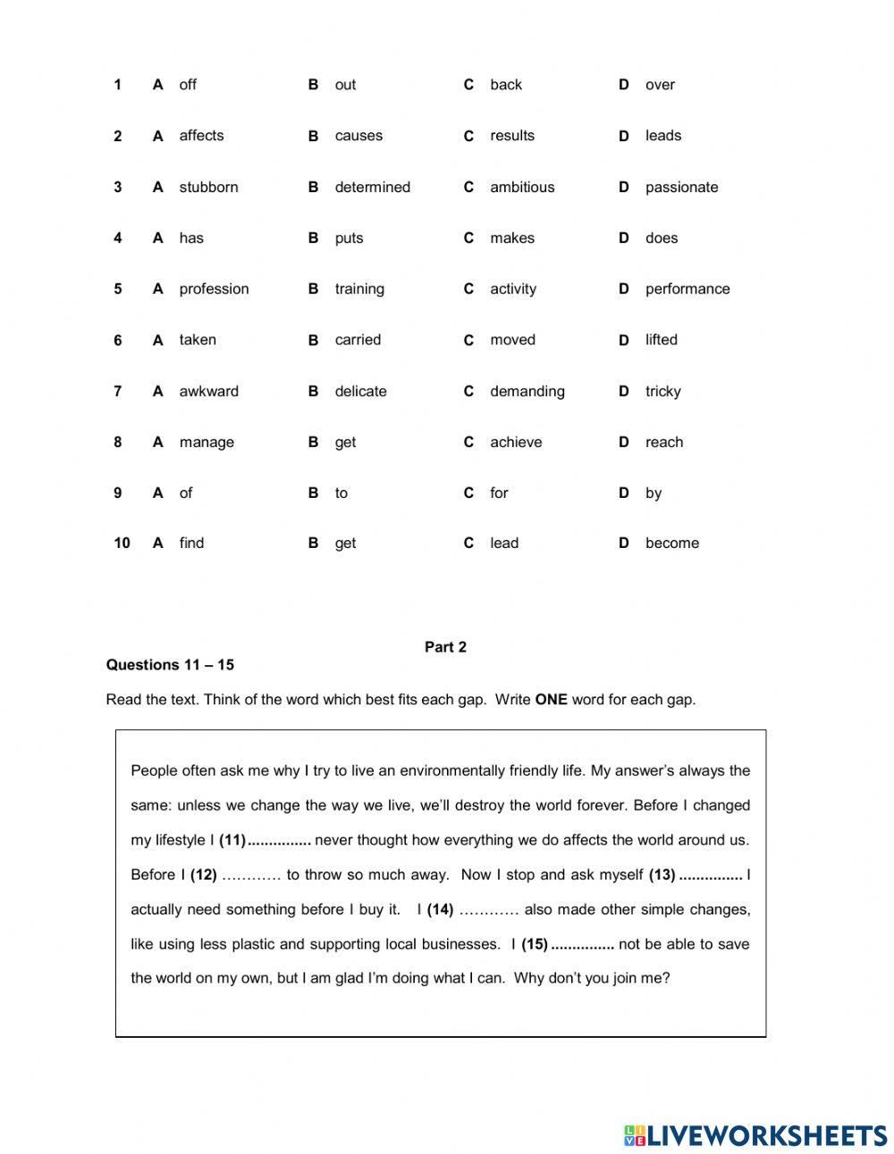 B2 Reading and … | Free Interactive Worksheets | 5255235