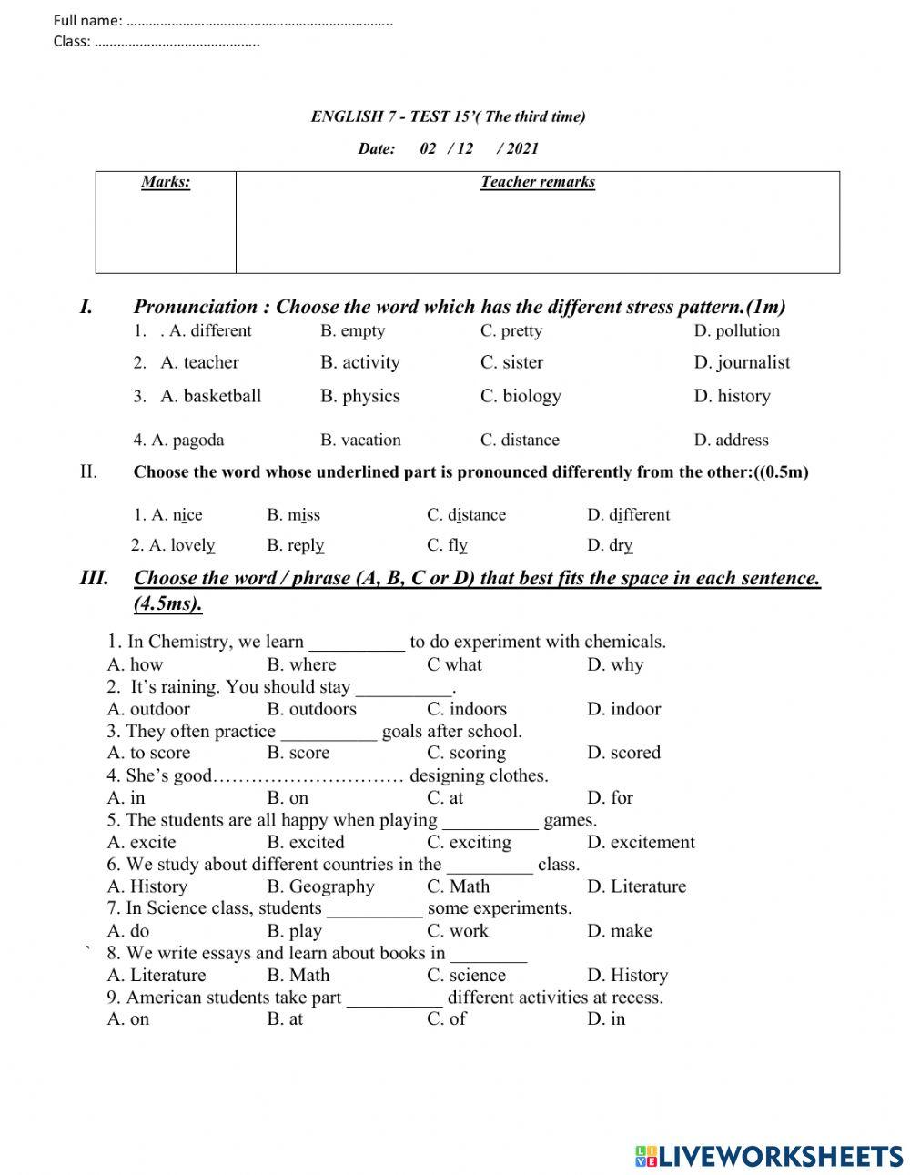 TEST 15'- K7 - LAN 3 online exercise for | Live Worksheets