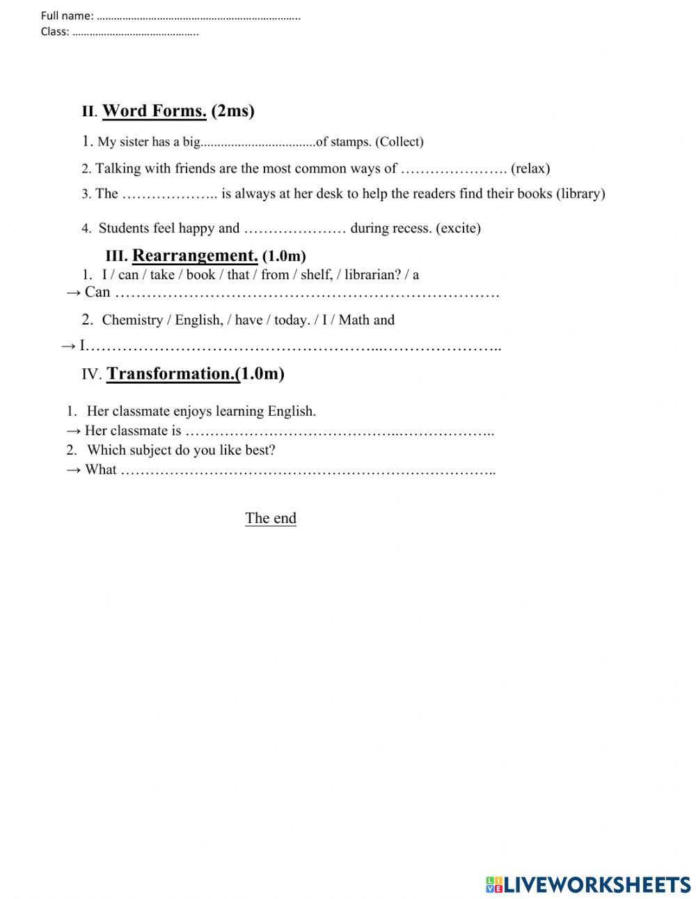 TEST 15'- K7 - LAN 3 online exercise for | Live Worksheets