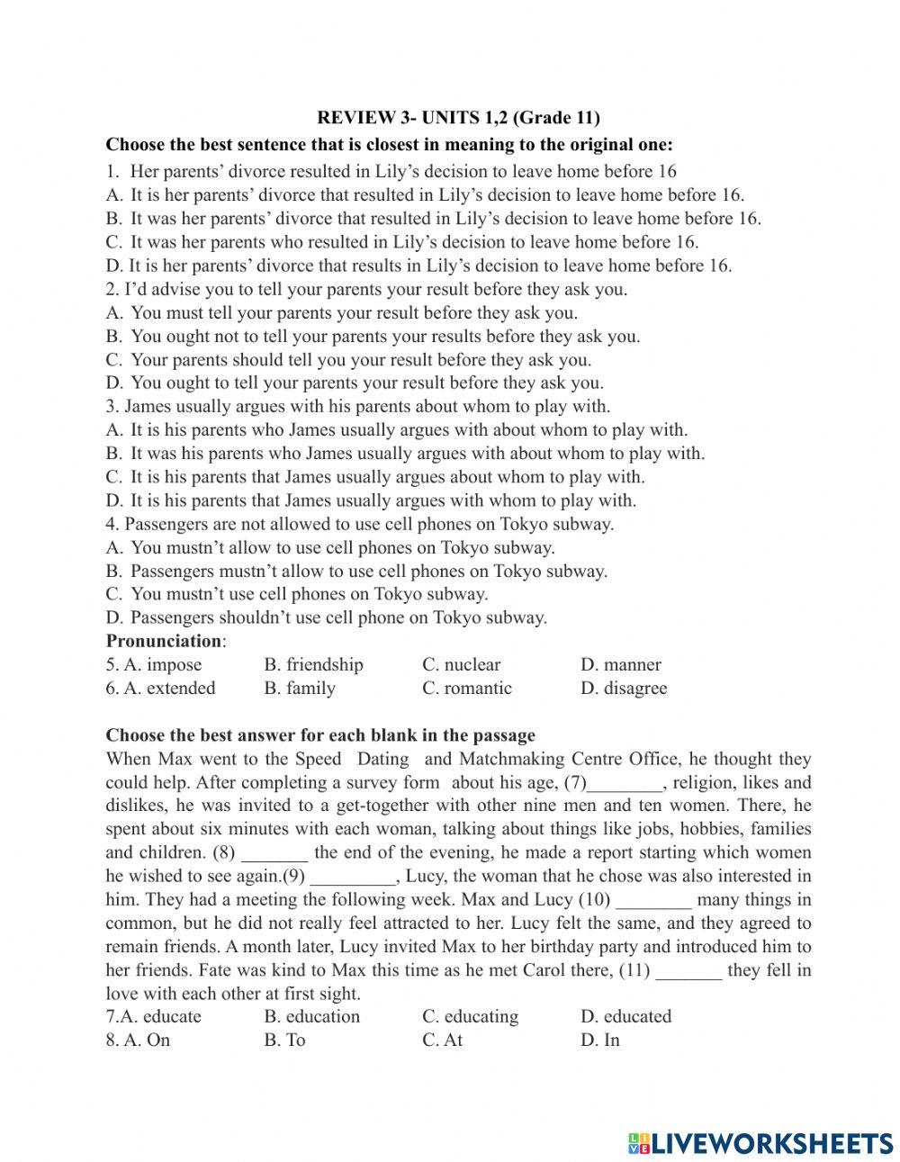 Review 3- Units 1,2 (Grade 11) worksheet | Live Worksheets