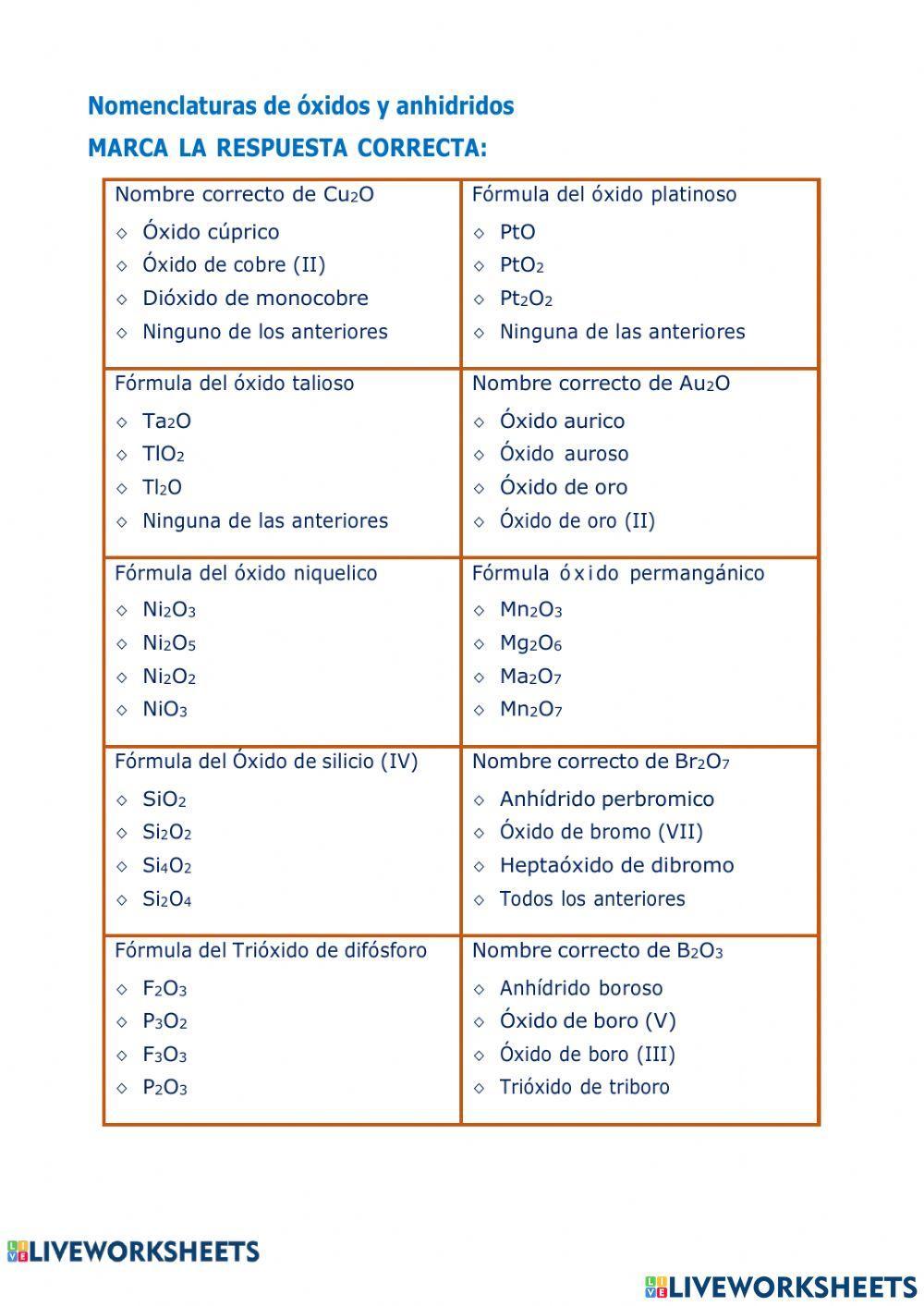 Oxidos y anhidridos interactive worksheet | Live Worksheets