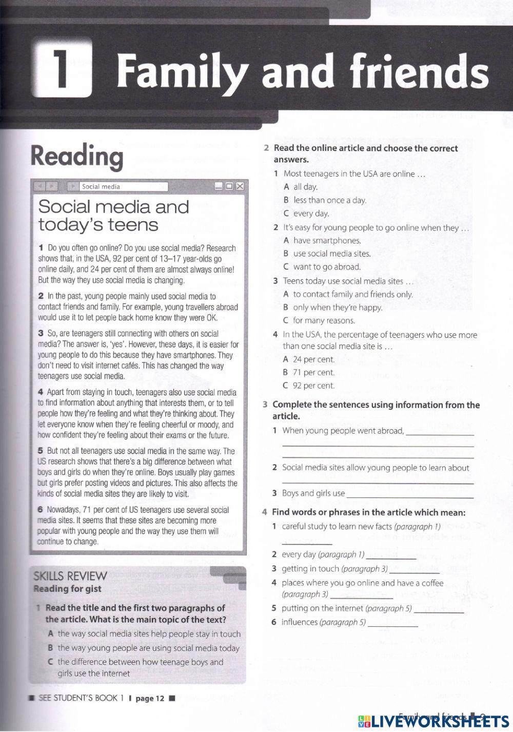 Reading , famil… | Free Interactive Worksheets | 2613565