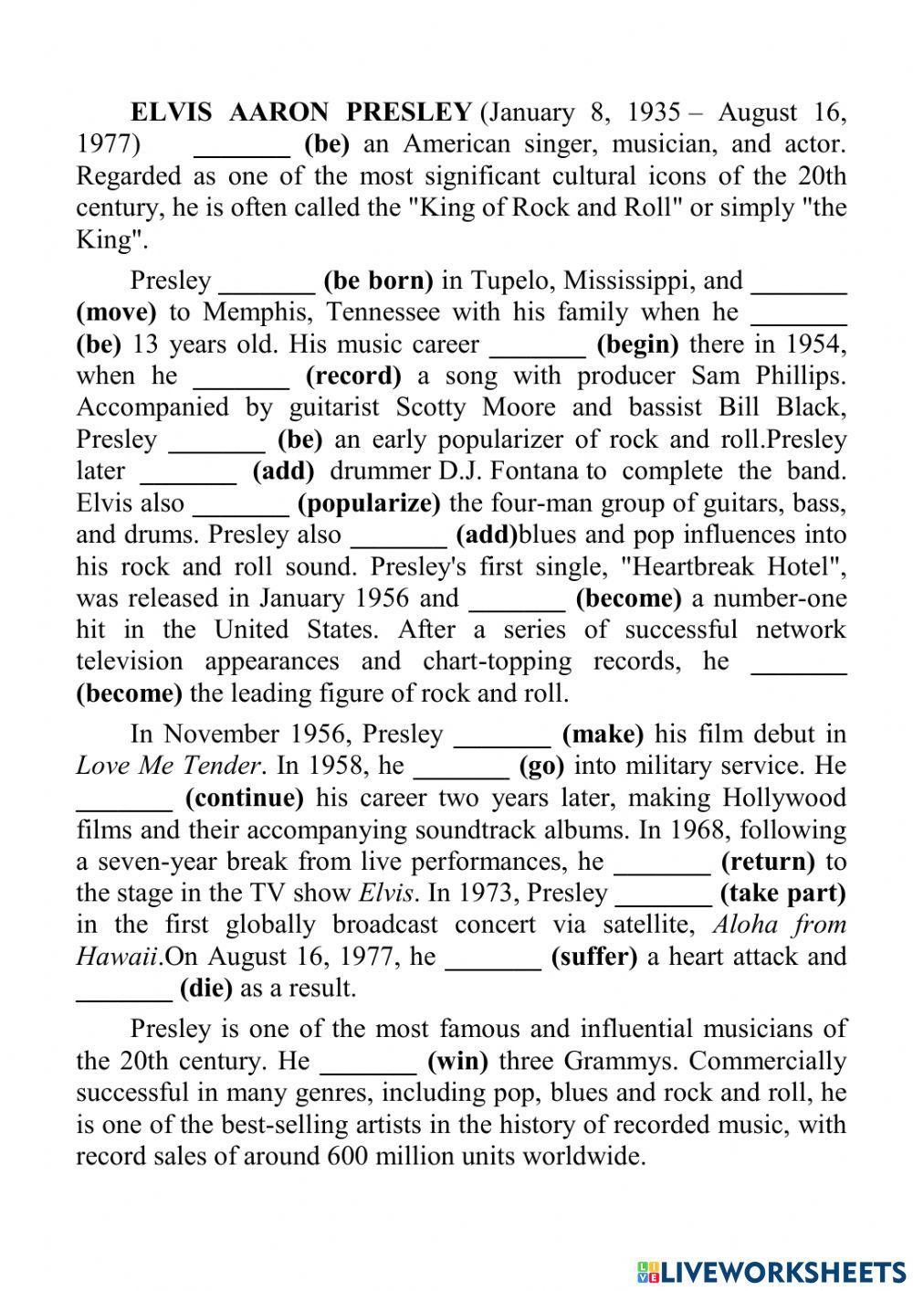 Elvis interactive worksheet | Live Worksheets