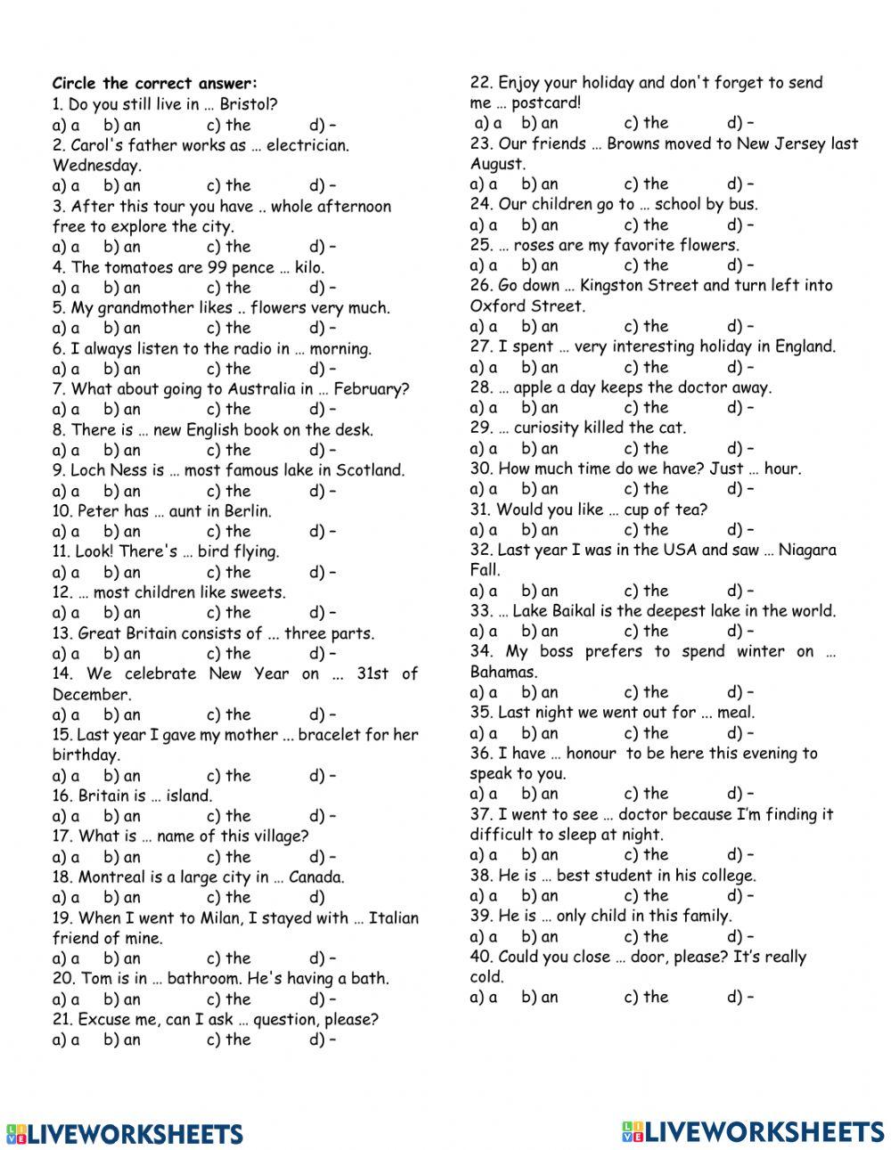 Articles online exercise for intermediate | Live Worksheets
