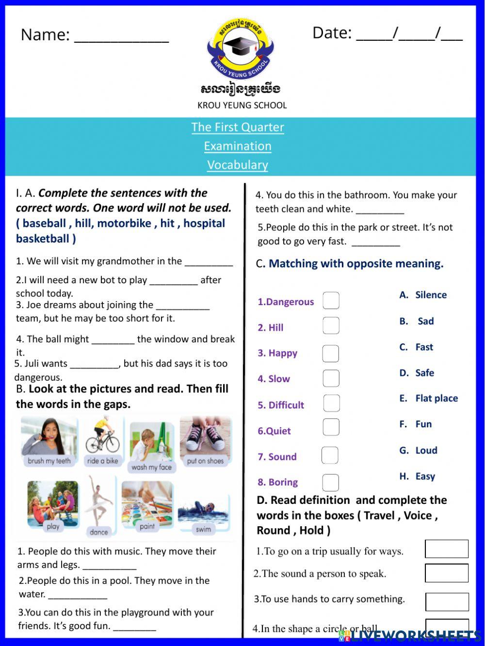 The First Quarter Examination Vocabulary worksheet | Live Worksheets