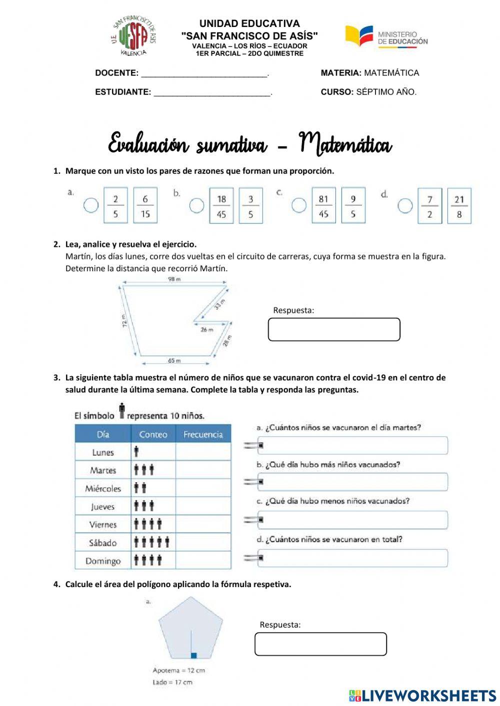 Evaluación Sumativa - Matemática - 1BGU worksheet | Live Worksheets