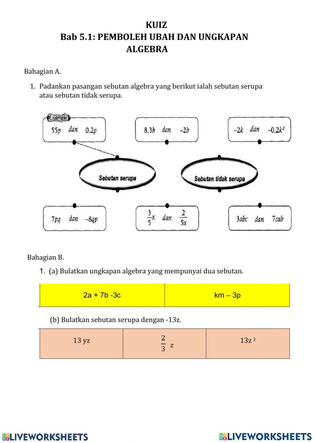 Matematik (ungkapan algebra) worksheet | Live Worksheets