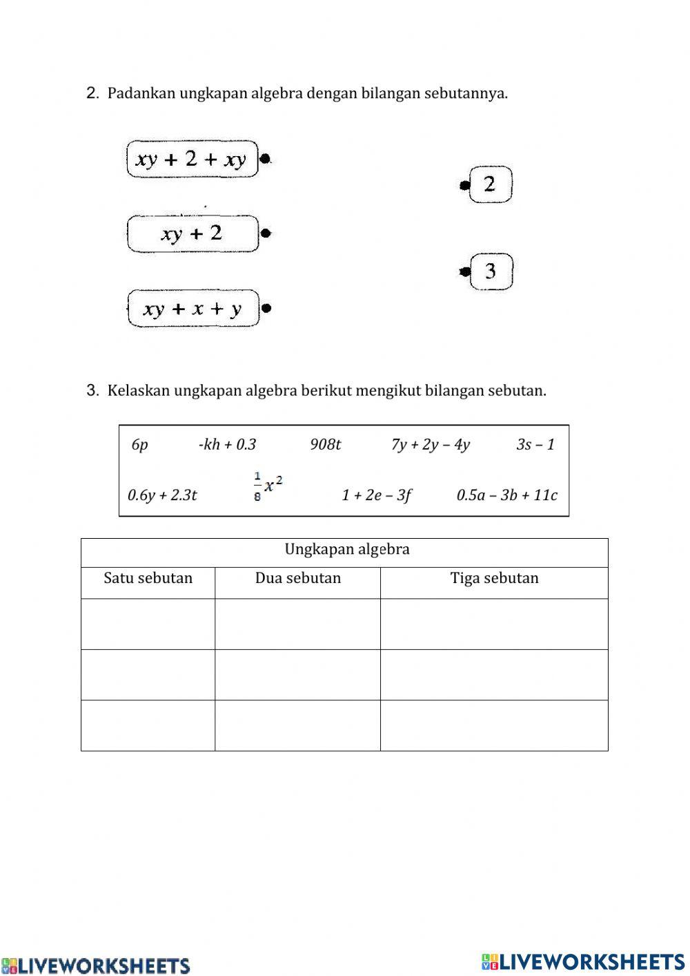 Matematik (ungkapan algebra) worksheet | Live Worksheets