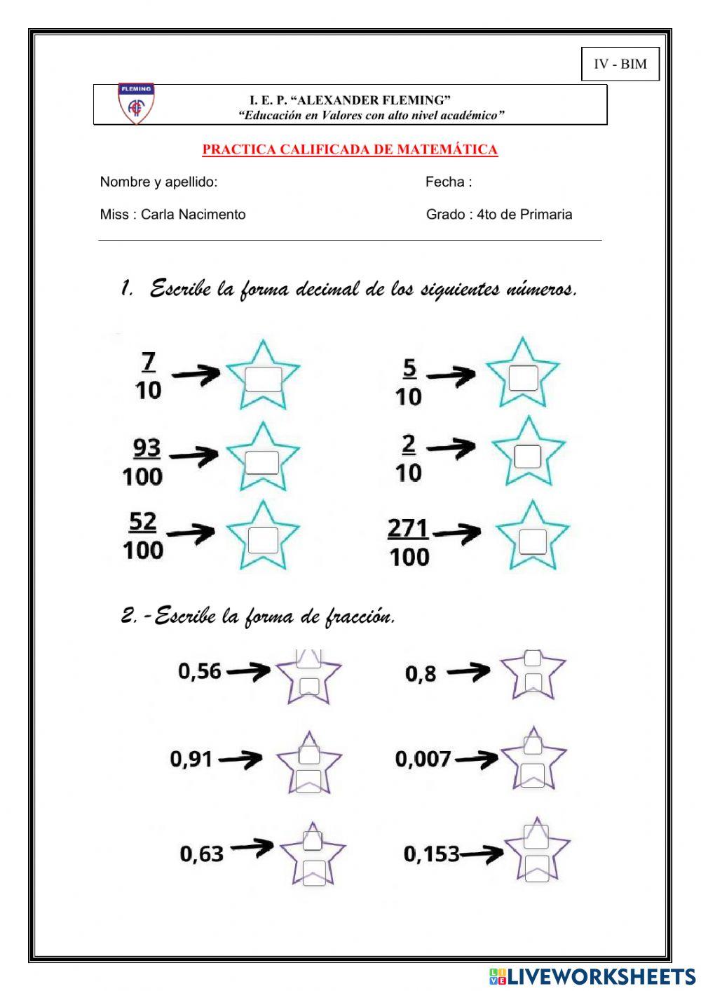 Practica De Matemática Activity For 4 Live Worksheets