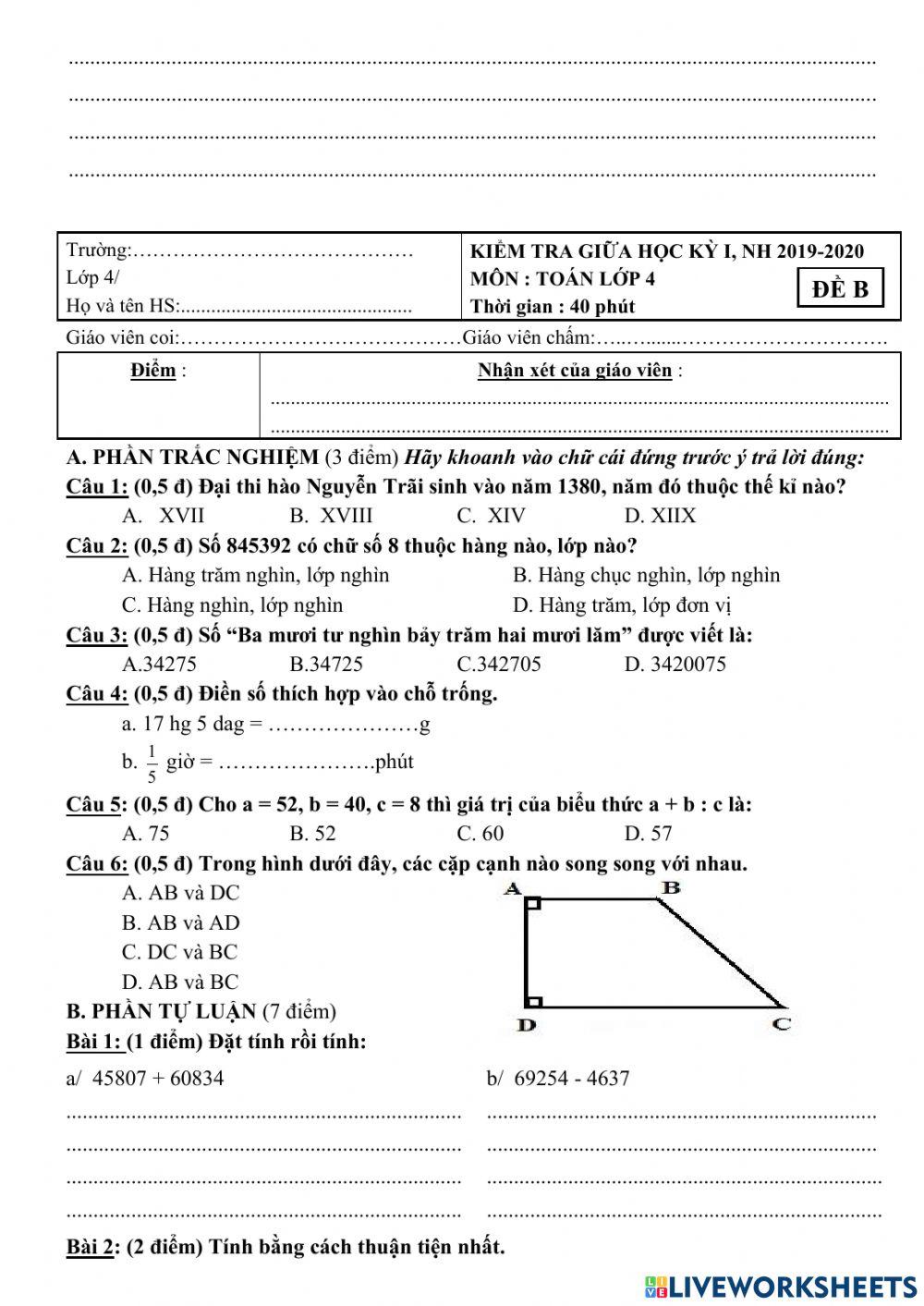 Toan online exercise for 3/1 | Live Worksheets
