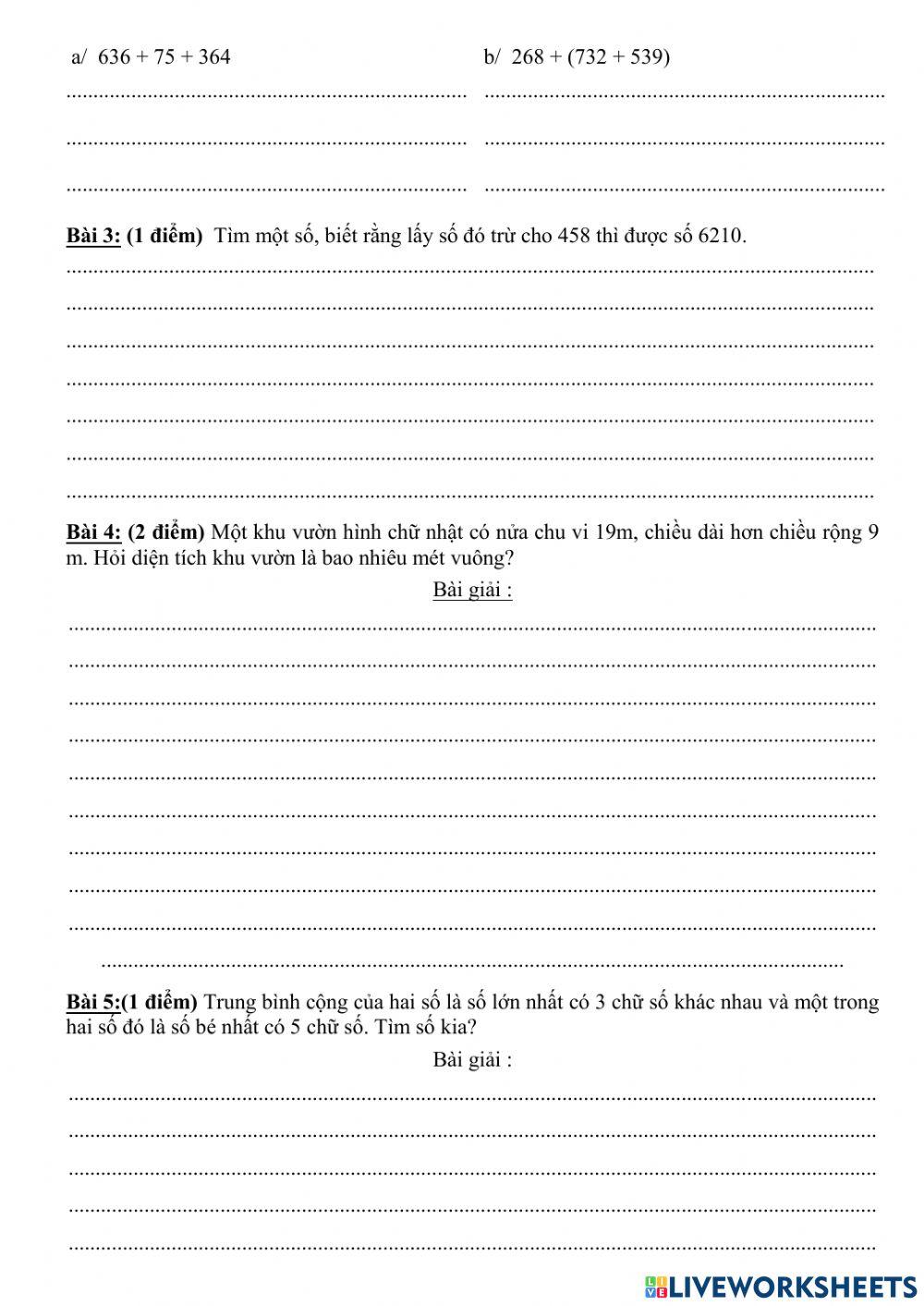 Toan online exercise for 3/1 | Live Worksheets