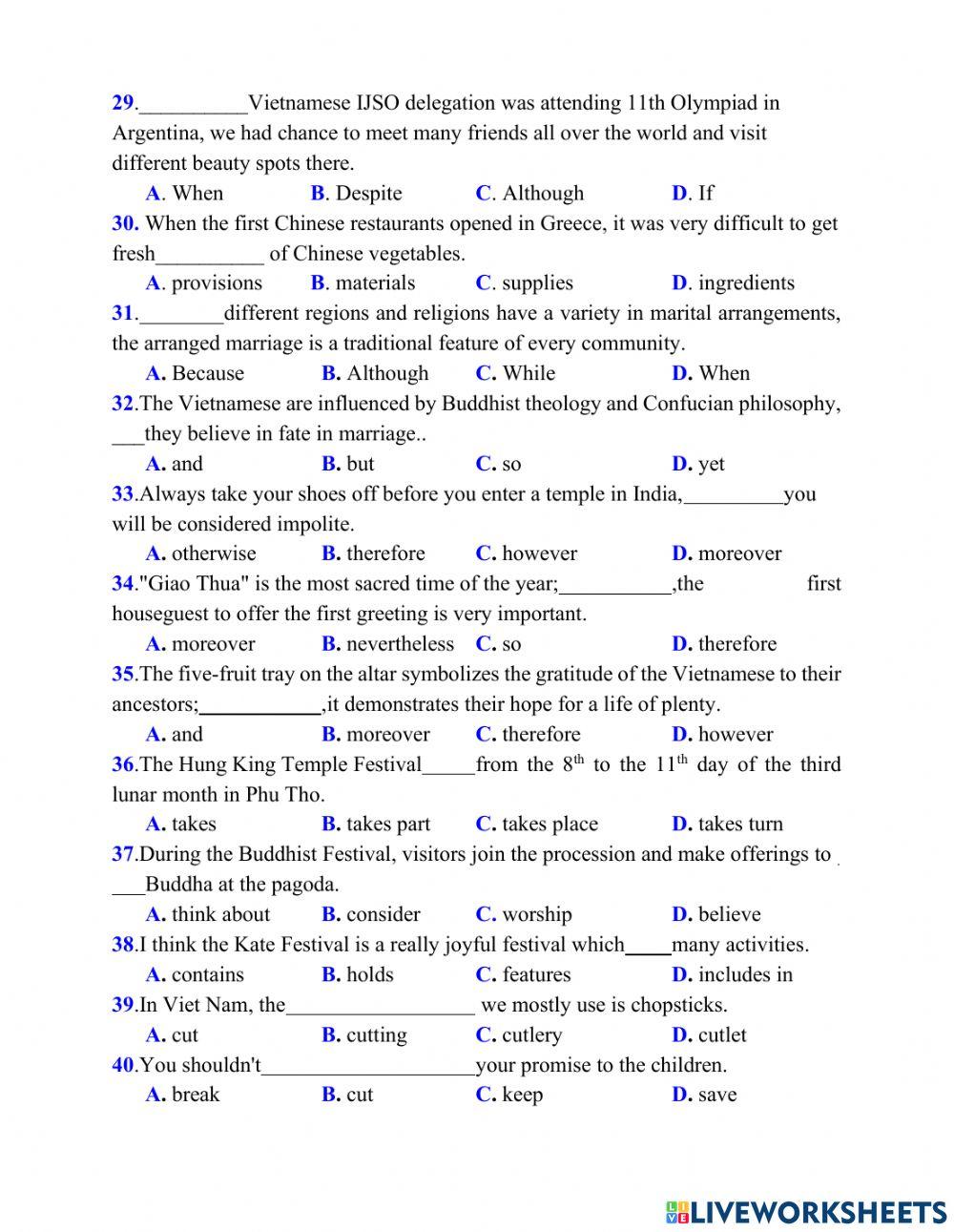 Vu bao ngoc | Multiple choice 1 4272650 | LiveWorksheets