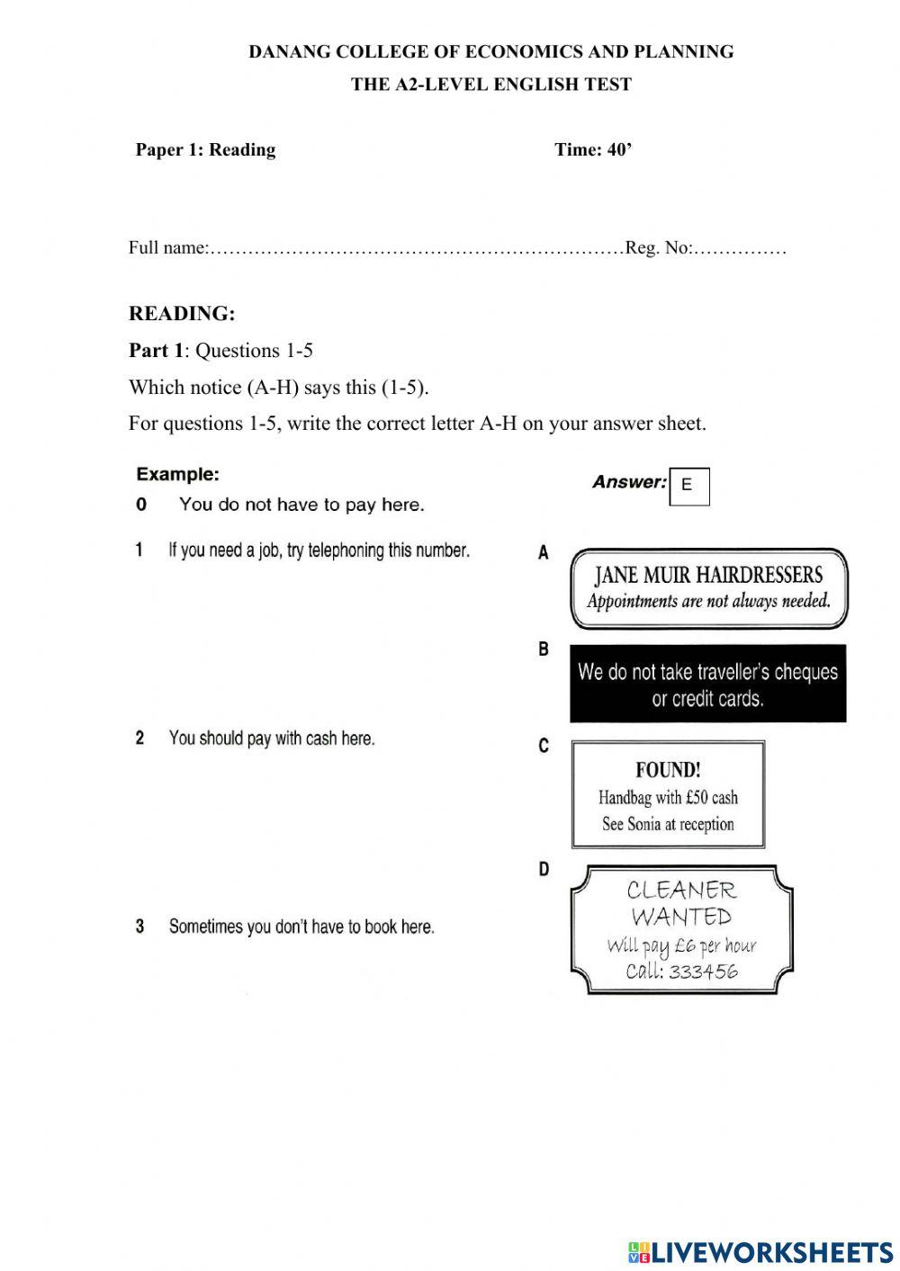 Reading A2 example 9.12.2021 online exercise for | Live Worksheets