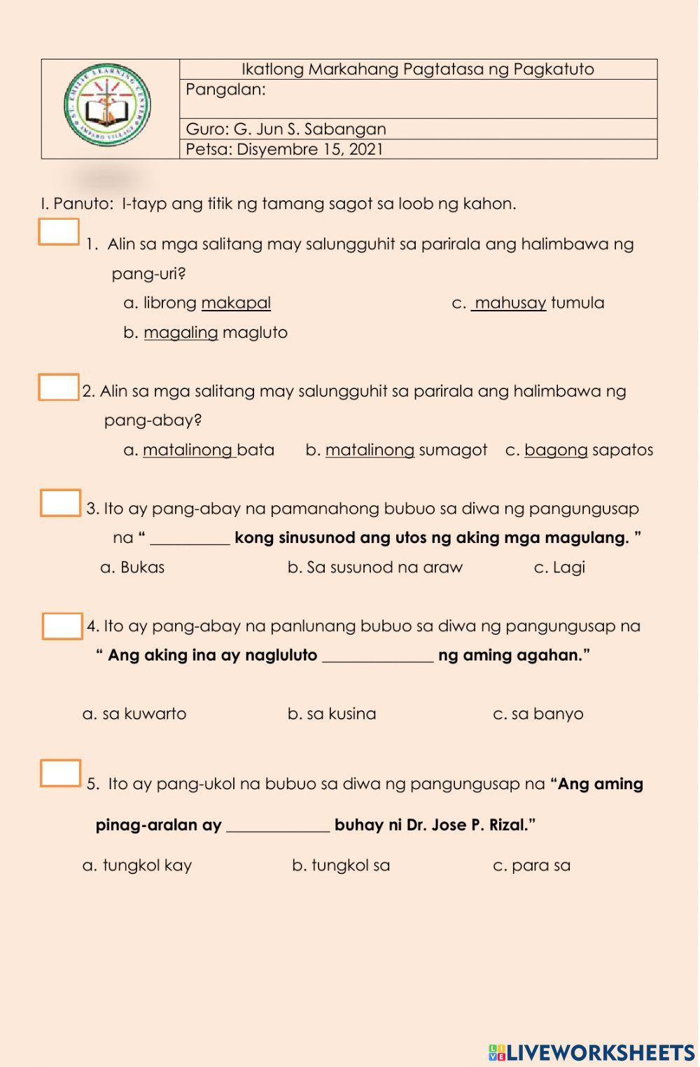 Fil. 3 - 3rd Quarter Assessment online exercise for | Live Worksheets
