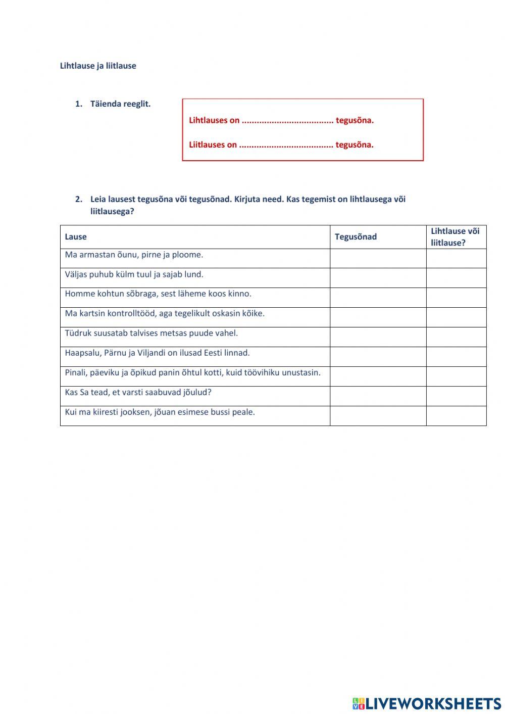 Lihtlause ja li… | Free Interactive Worksheets | 1724167