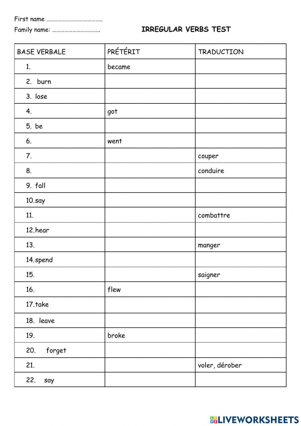 Irregular verbs online exercise for pre-intermediate | Live Worksheets