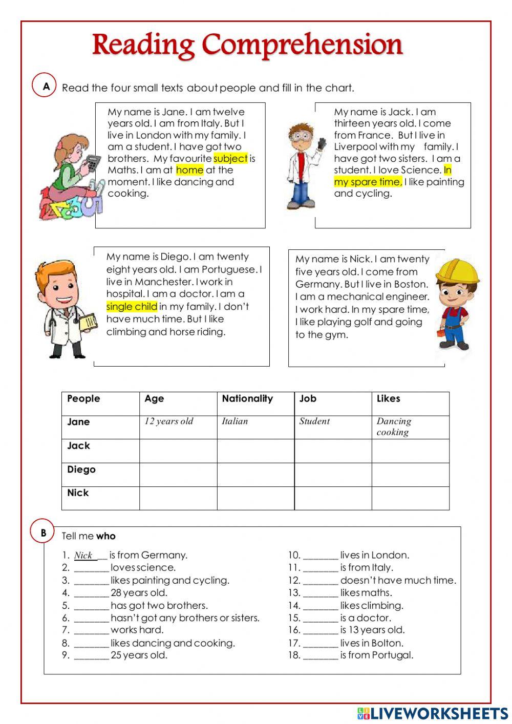 Text compreension worksheet | Live Worksheets
