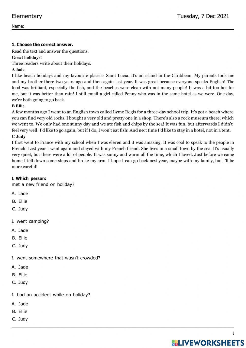 Elementary test | Free Interactive Worksheets | 1724469