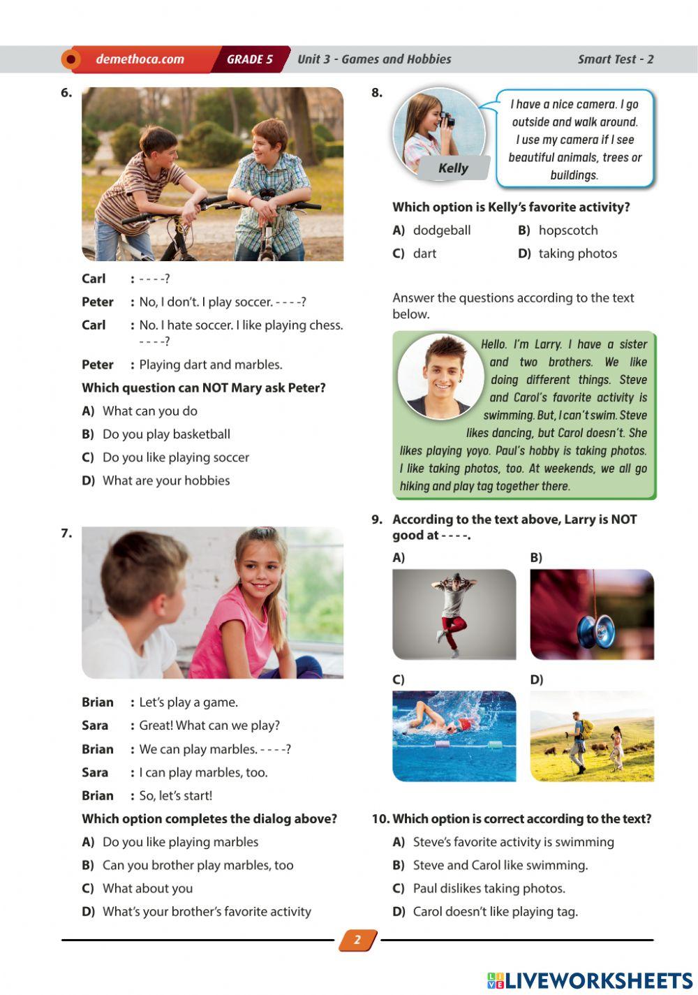 Smart Test 2 Games and Hobbies online exercise for | Live Worksheets