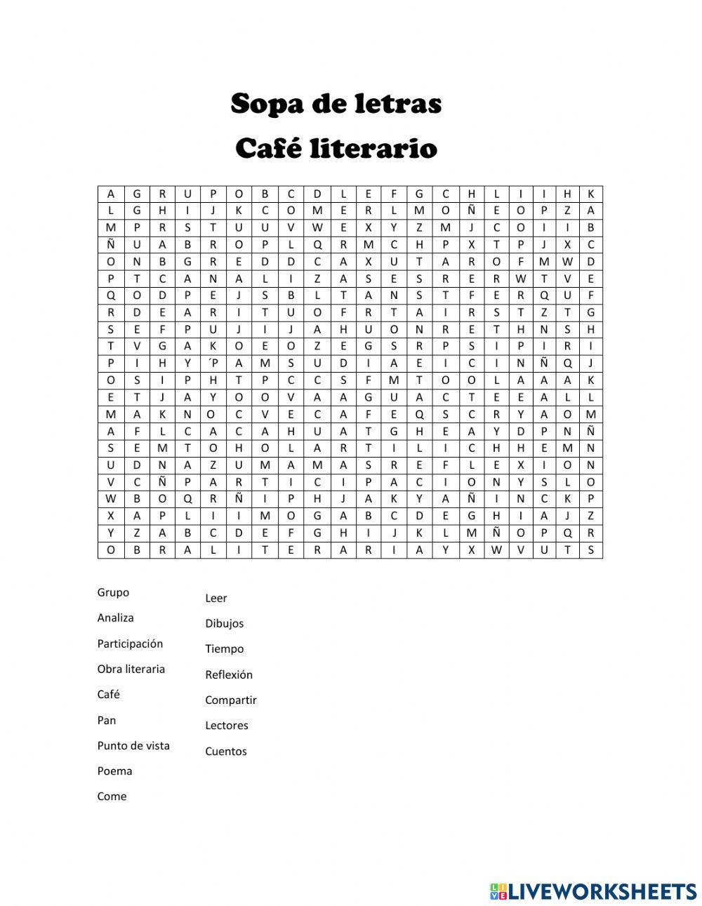 Sopa de letras -Café literario- worksheet | Live Worksheets