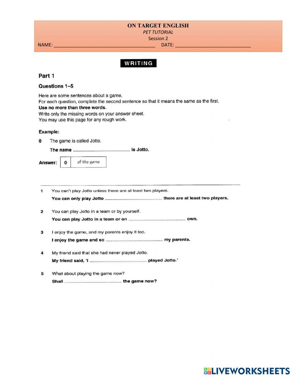 PET BOOK 1. TEST 1 Writing Part 1-3 3506811 | Rebeth