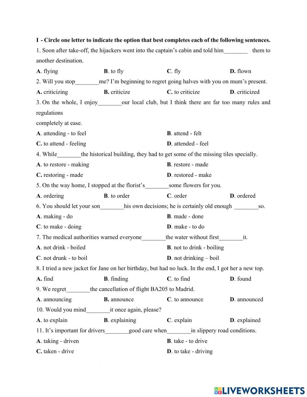 Gerund and infinitive free online exercise | Live Worksheets