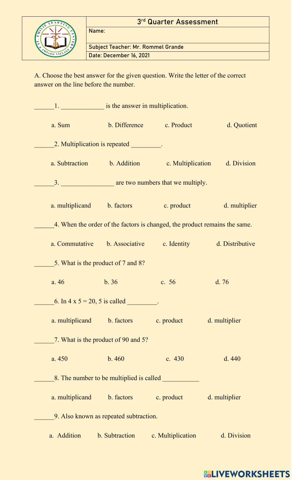 grade 2 3rd quarter assessment online exercise for | Live Worksheets